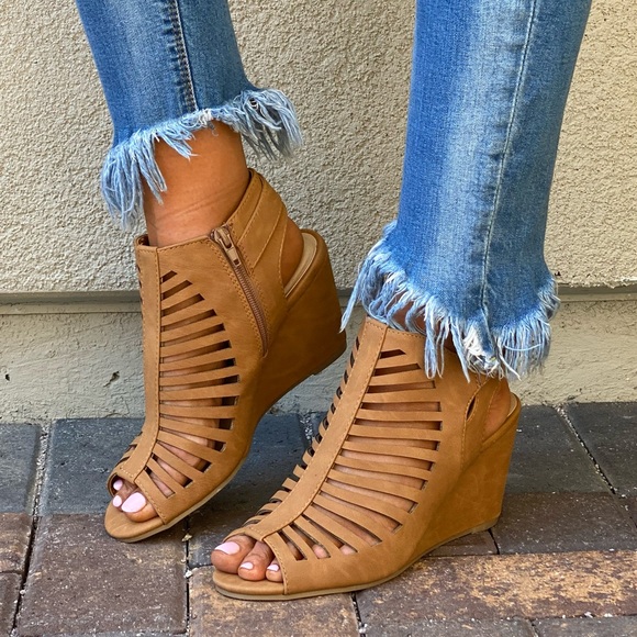 Boutique | Shoes | Honey Tan Cut Out Caged Peep Toe Wedge Sandals ...